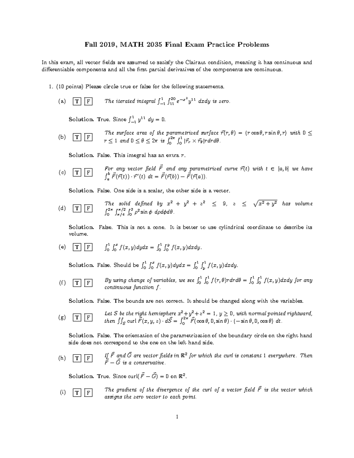 Final-MV-2019-sample solution -1 - Fall 2019, MATH 2035 Final Exam Practice Problems In this ...