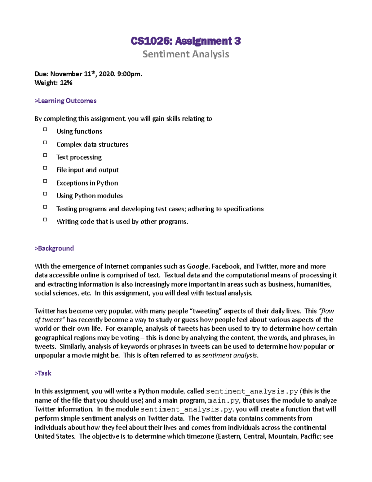 Comp1026 Assignment 3 Cs 1026 Assignment 3 Sentiment Analysis Due November 11th 2020 9