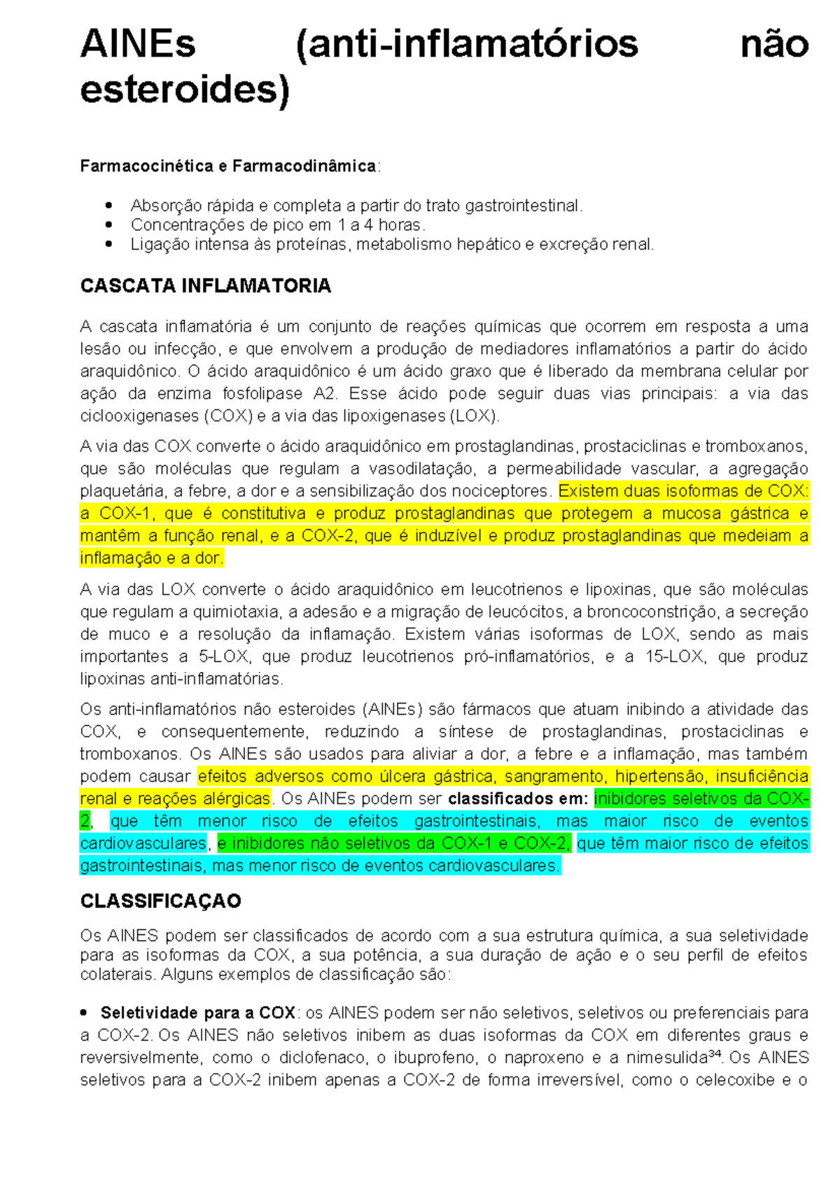 AINEs resumo e anotaçoes - AINEs (anti-inflamatórios não esteroides ...