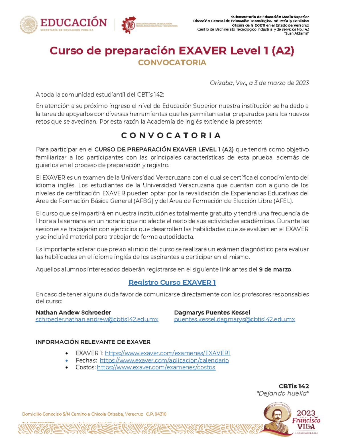 Convocatoria Curso Exaver Level 1-1 - Subsecretaría de Educación Media ...