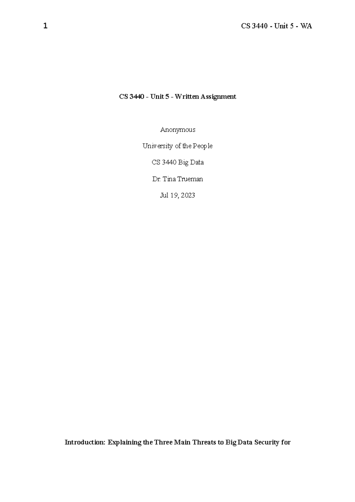 CS 3440 - Unit 5 - Written Assignment - CS 3440 - Unit 5 - Written Assignment Anonymous ...