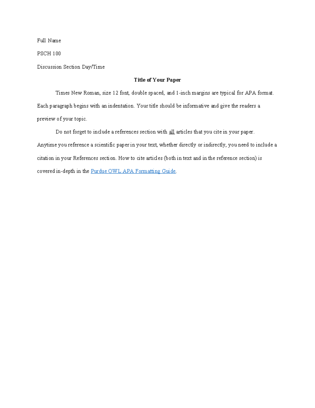 APSP Paper Template for Students - Full Name PSCH 100 Discussion ...
