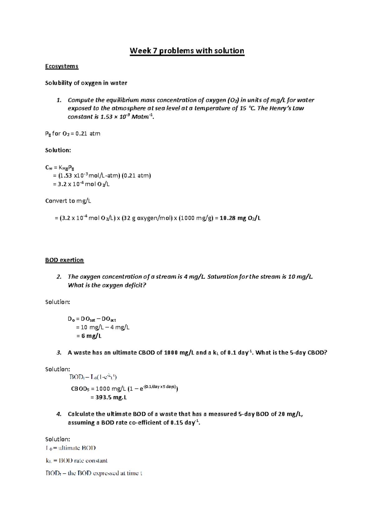 Ecology and Nutrient Cycles problems with solutions - Week 7 problems ...