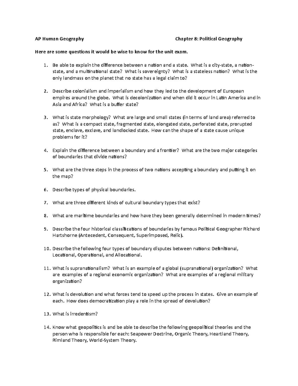 AP HUG Test Review with answers included - AP Human Geography Chapter 8 ...