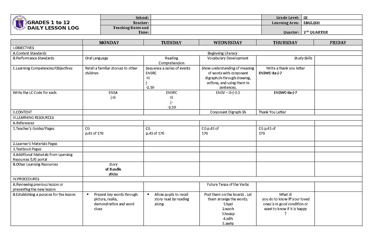 DLL English 3 Q2 W9 - daily LESSON plan - GRADES 1 to 12 DAILY LESSON ...
