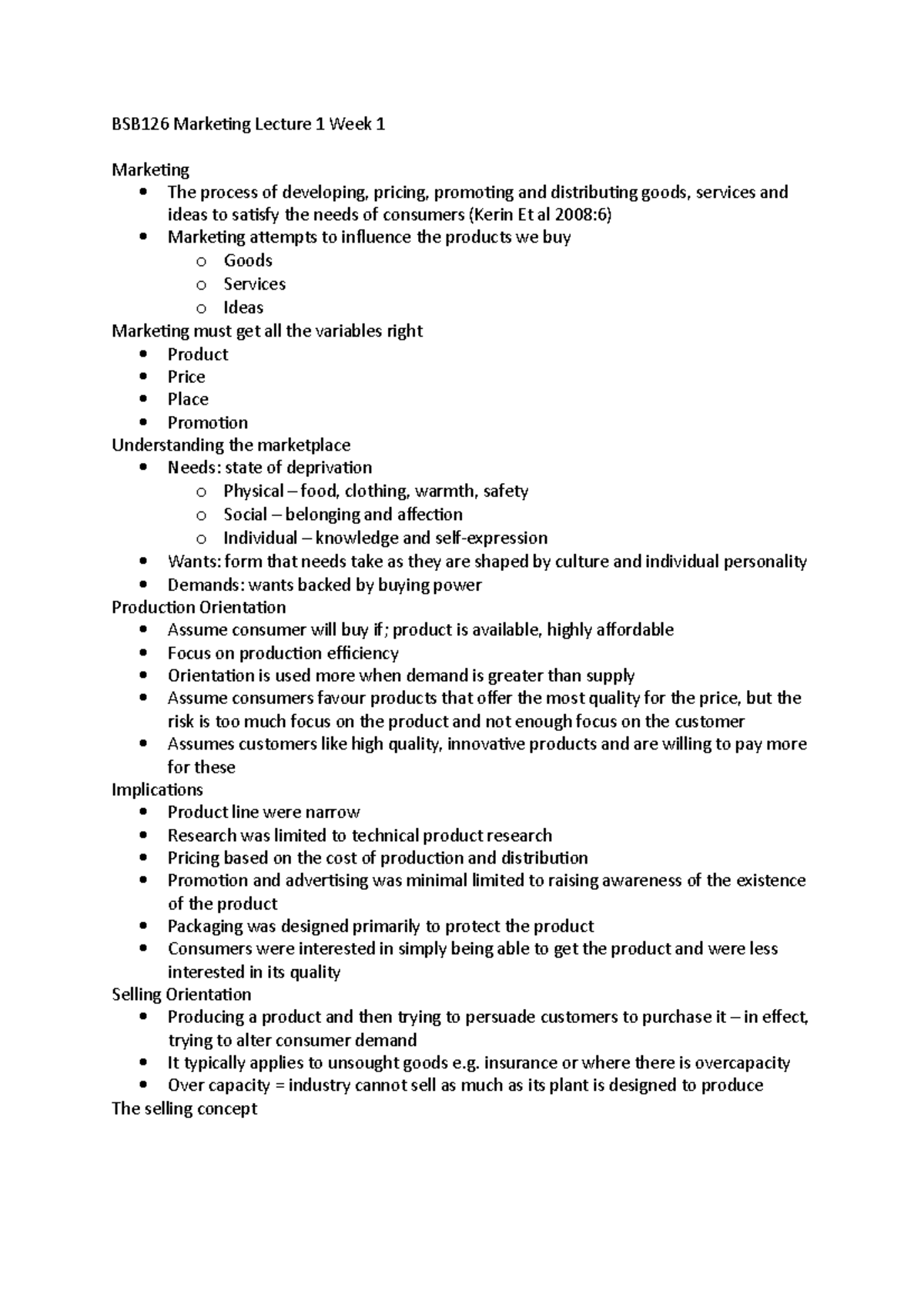 Week 1 BSB126 Marketing Lecture 1 - BSB126 Marketing Lecture 1 Week 1 Marketing The process of ...