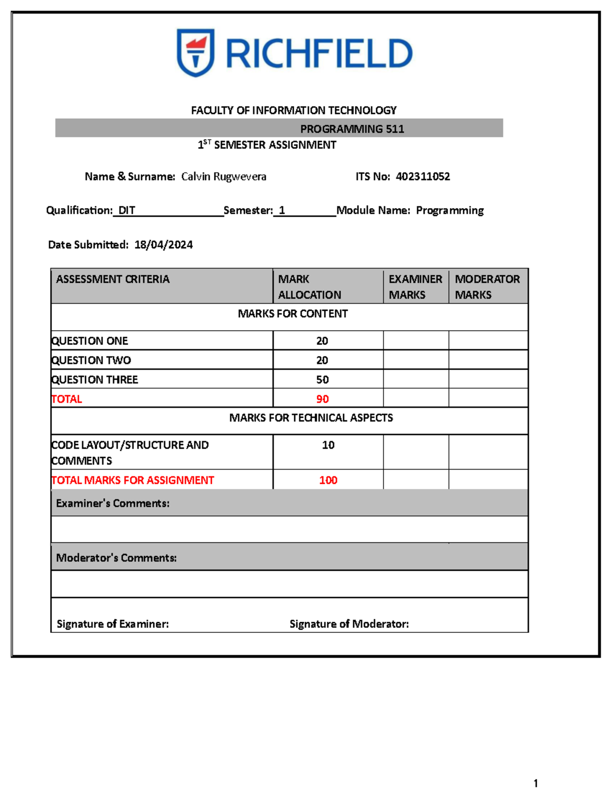 Programing 511 - FACULTY OF INFORMATION TECHNOLOGY PROGRAMMING 511 1 ST ...