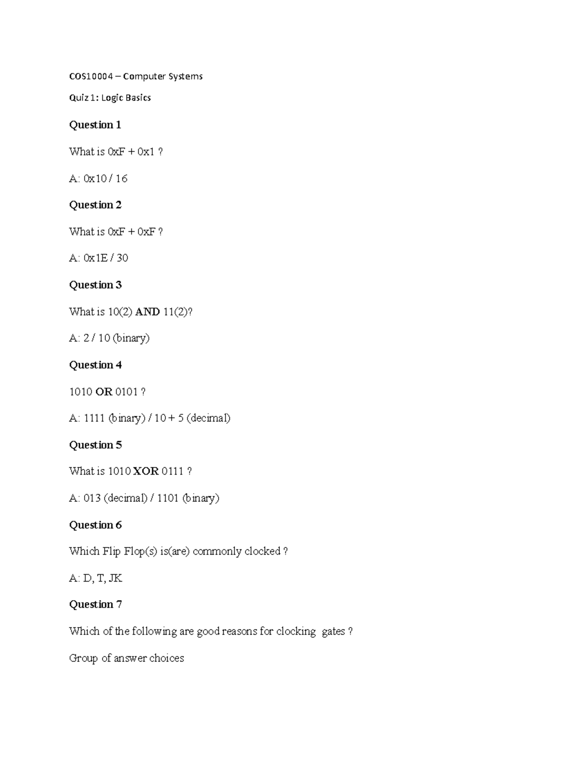 COS10004 - quiz 1 - Sample quiz for week 1 material - COS10004 – Computer Systems Quiz 1: Logic ...
