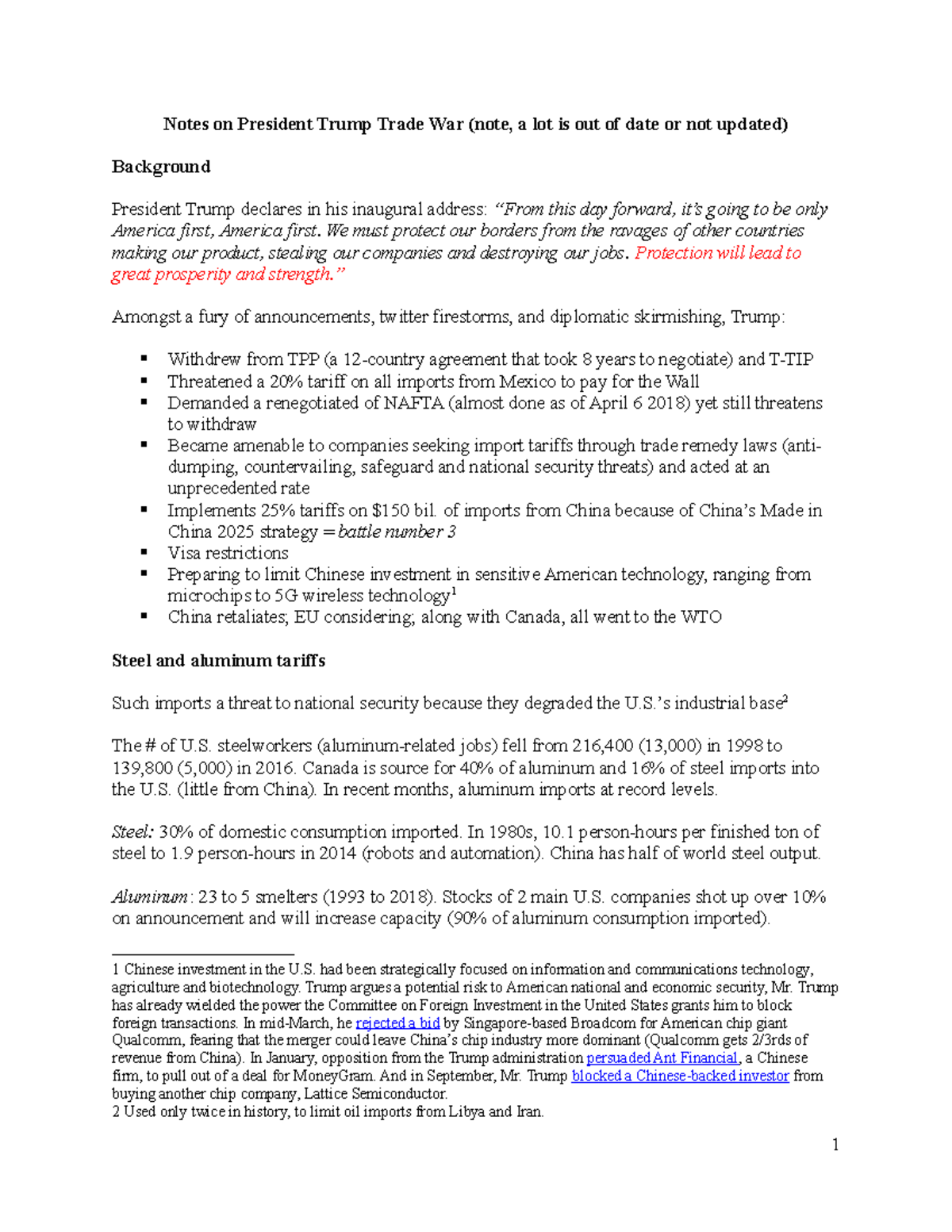 Notes Trade War 2020-1 (1) - Notes on President Trump Trade War (note ...