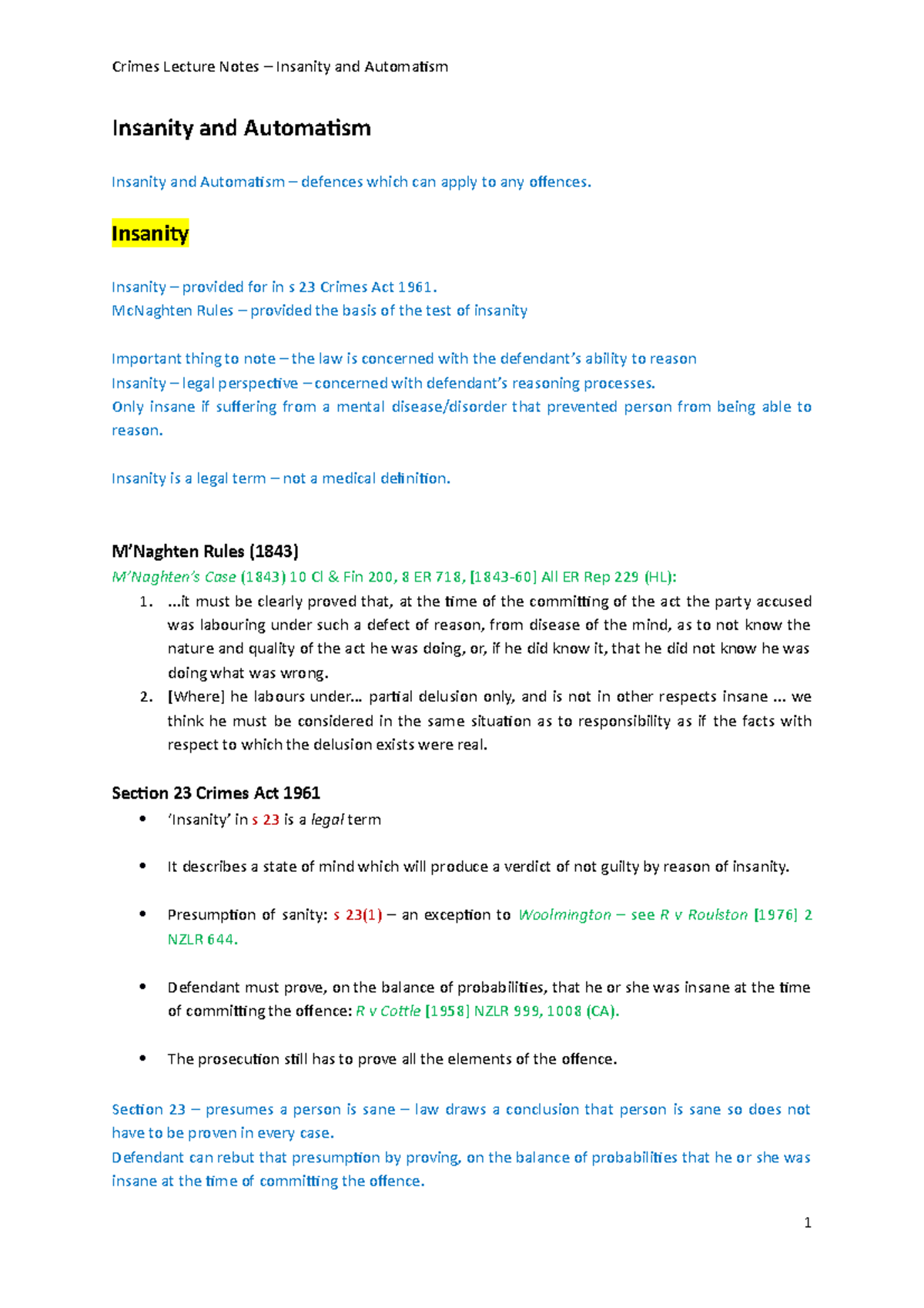 Crimes Lecture Notes - Insanity and Automatism - Crimes Lecture Notes ...