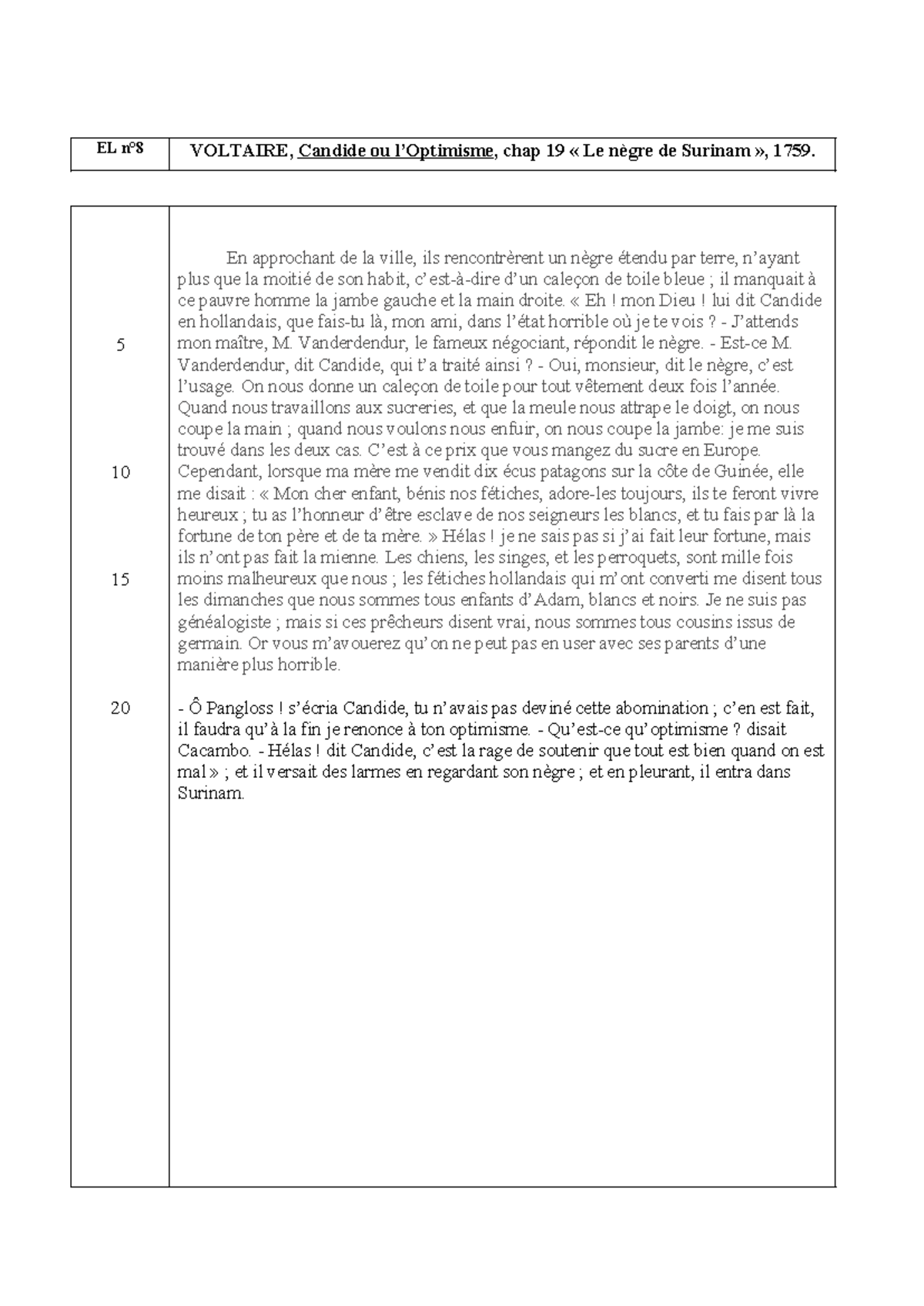 EL n°8 Candide - EL n°8 VOLTAIRE, Candide ou l’Optimisme, chap 19 « Le ...