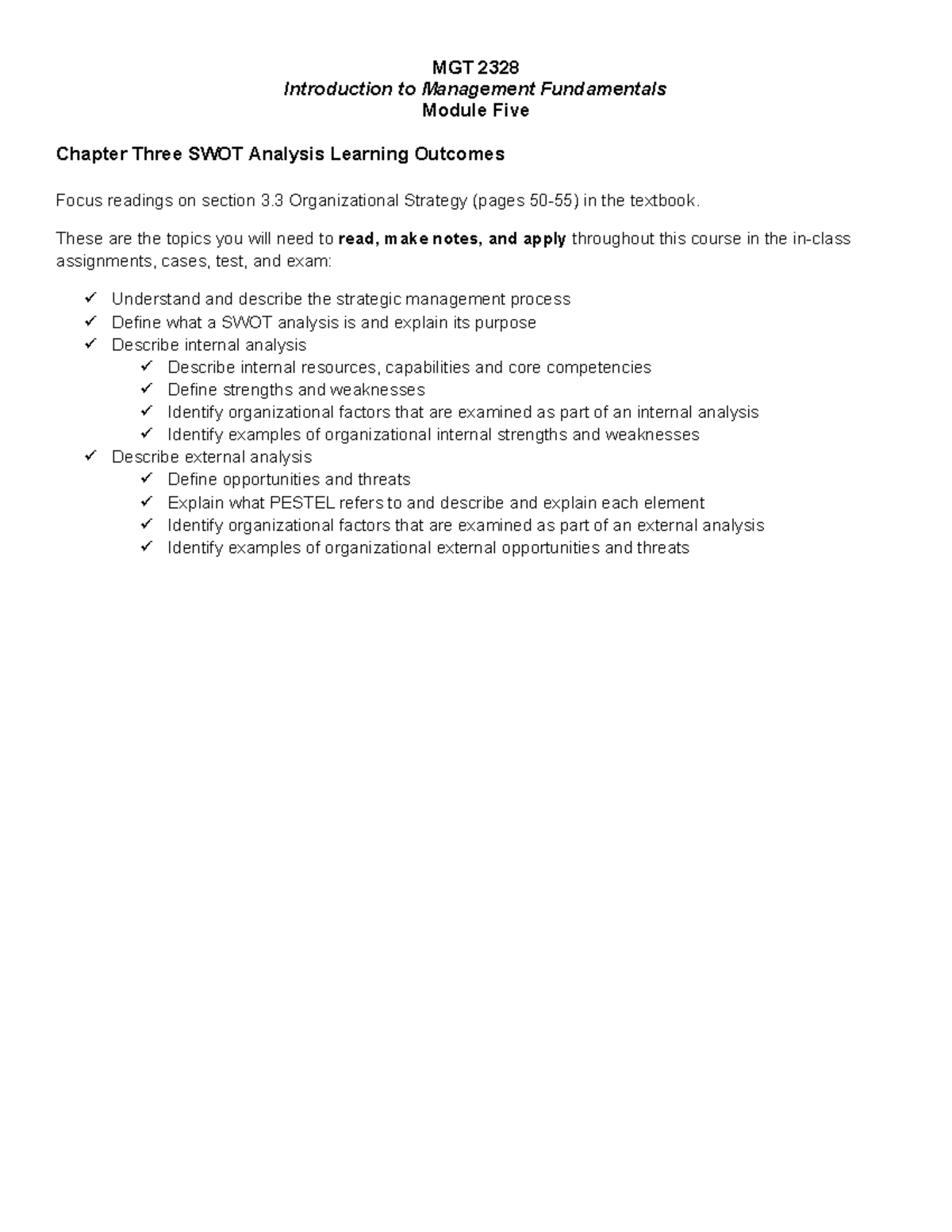 Module Five-Chapter 3 - Lecture notes 3 - MGT 2328 Introduction to ...