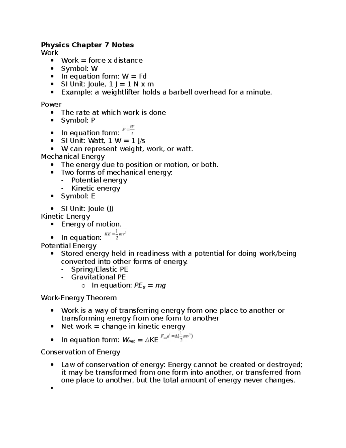 Physics Chapter 7 Notes - Physics Chapter 7 Notes Work Work force x ...