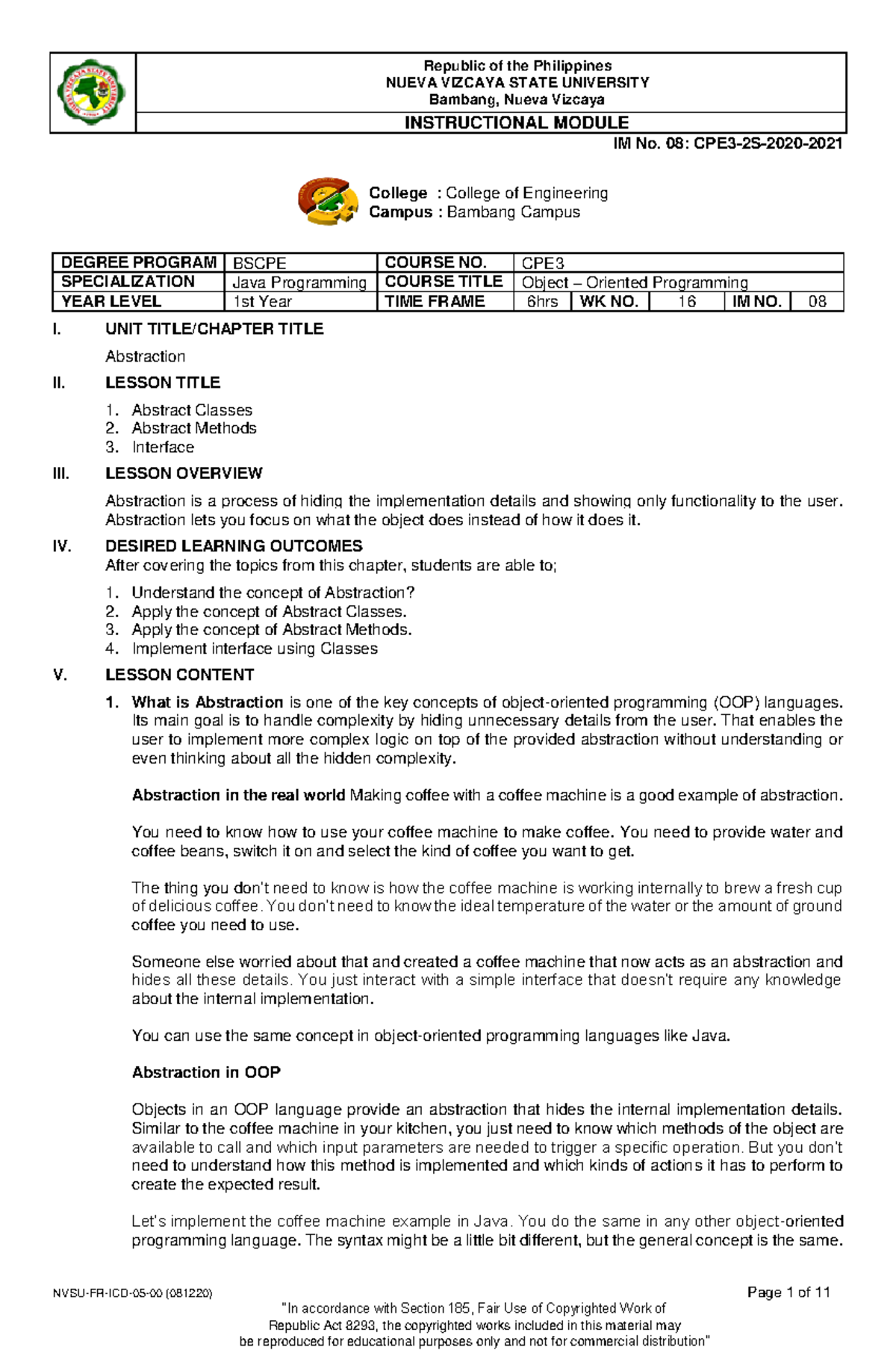 Module 08 Abstraction - NUEVA VIZCAYA STATE UNIVERSITY Bambang, Nueva ...