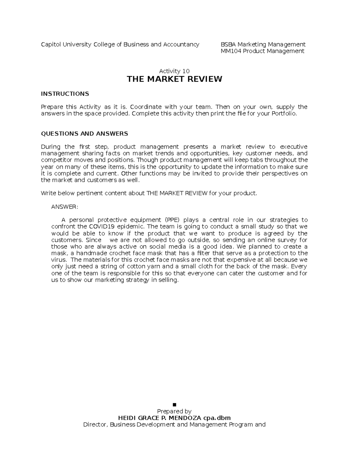THE Market Review - Capitol University College of Business and Accountancy BSBA Marketing ...