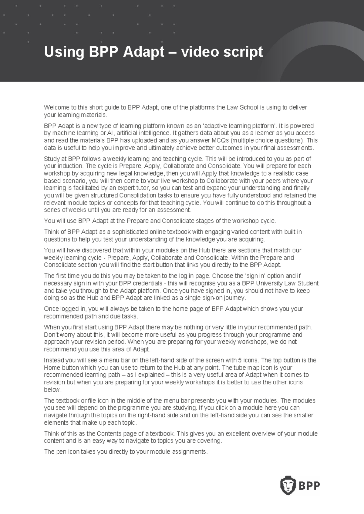 Using DPP Bapdat - Using BPP Adapt – video script Welcome to this short ...