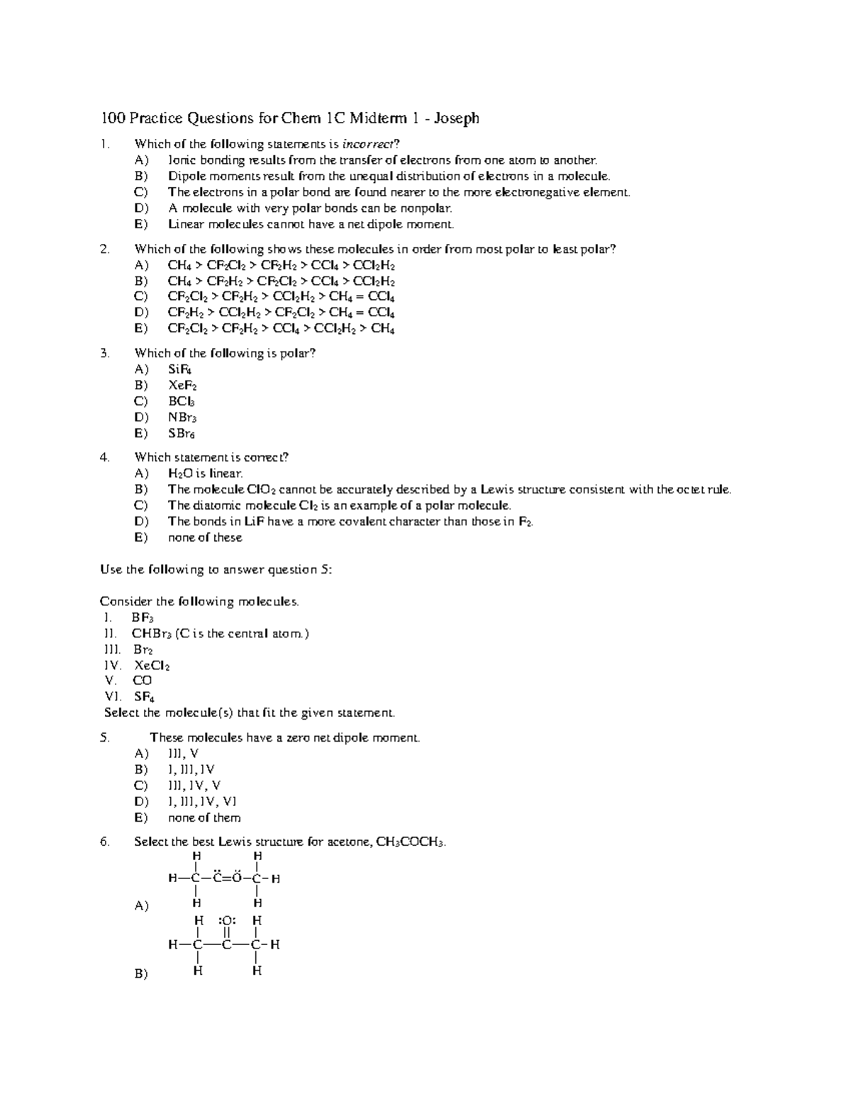 100 Practice Questions Midterm 1 Chem1C 100 Practice Questions For