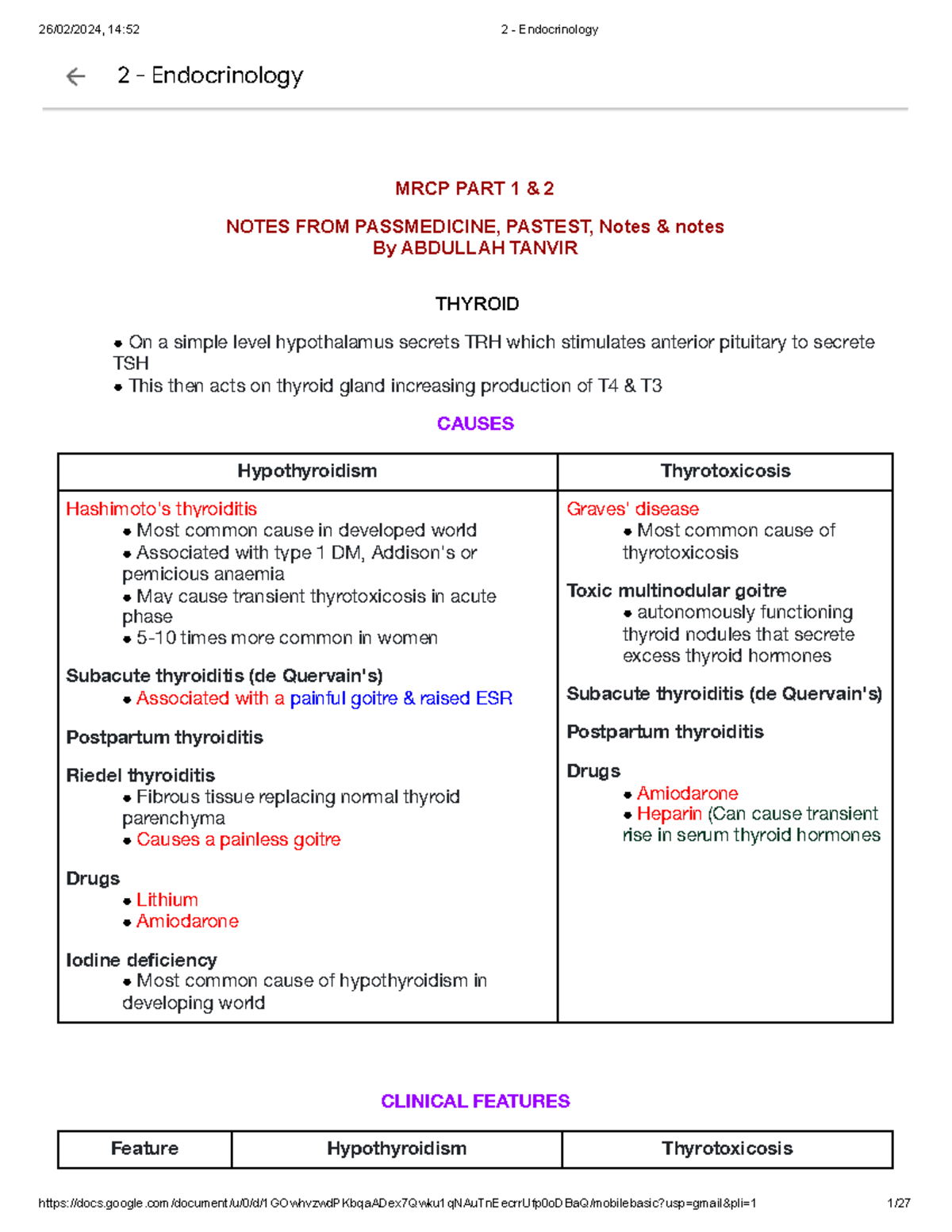 2 - Endocrinology - MRCP PART 1 & 2 NOTES FROM PASSMEDICINE, PASTEST ...