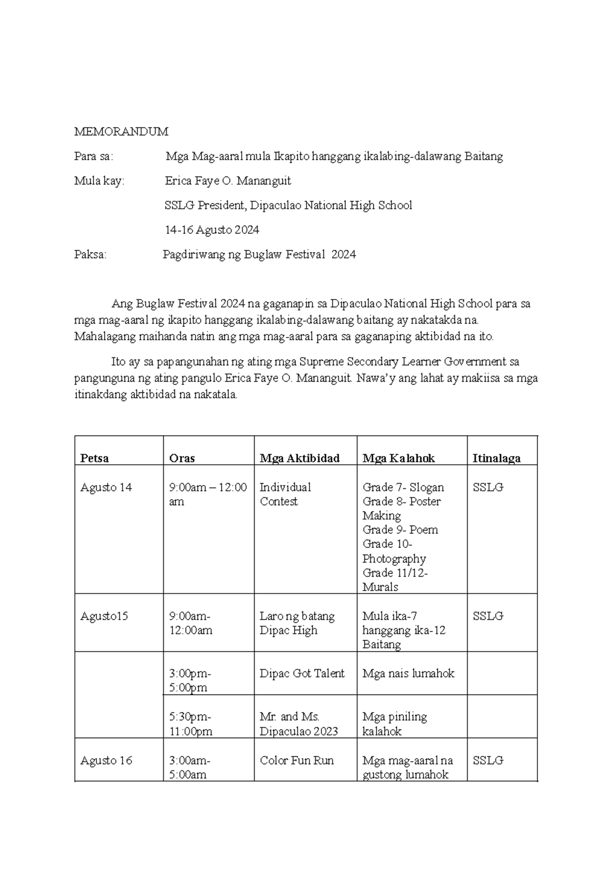 Memorandum - helping material for student - MEMORANDUM Para sa: Mga Mag ...