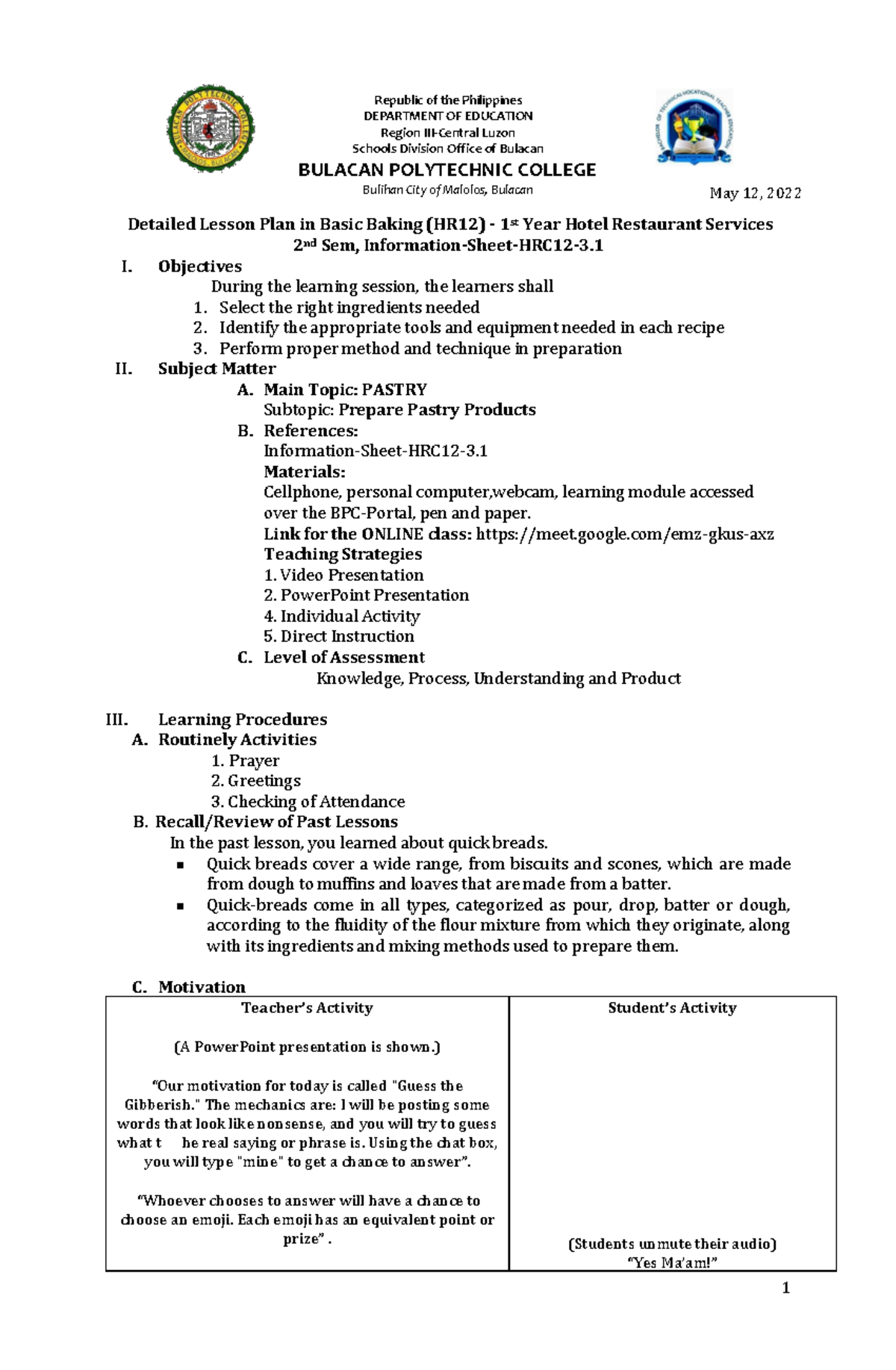 Detailed Lesson Plan in Basic Baking - May 12, 2022 Republic of the ...
