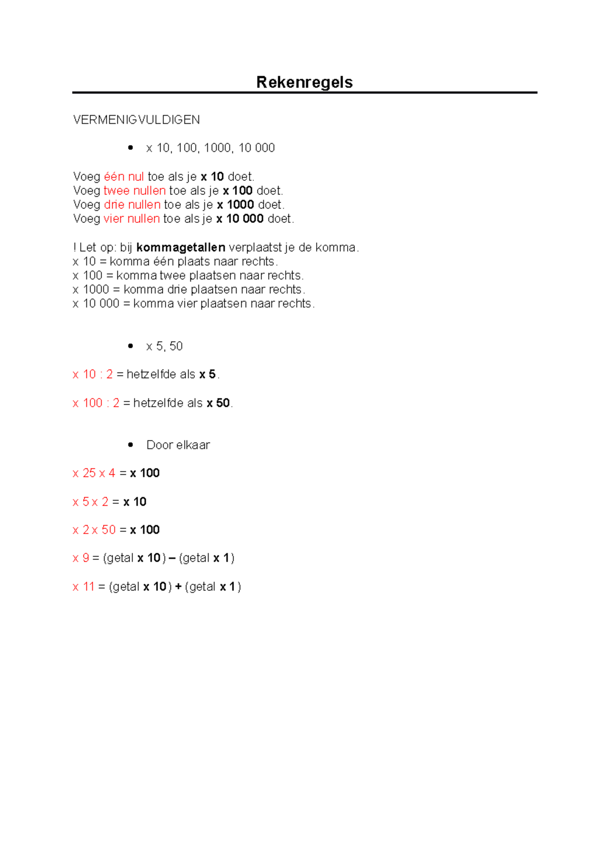 Rekenregels kc - Hulpkaarten - Rekenregels VERMENIGVULDIGEN x 10, 100 ...