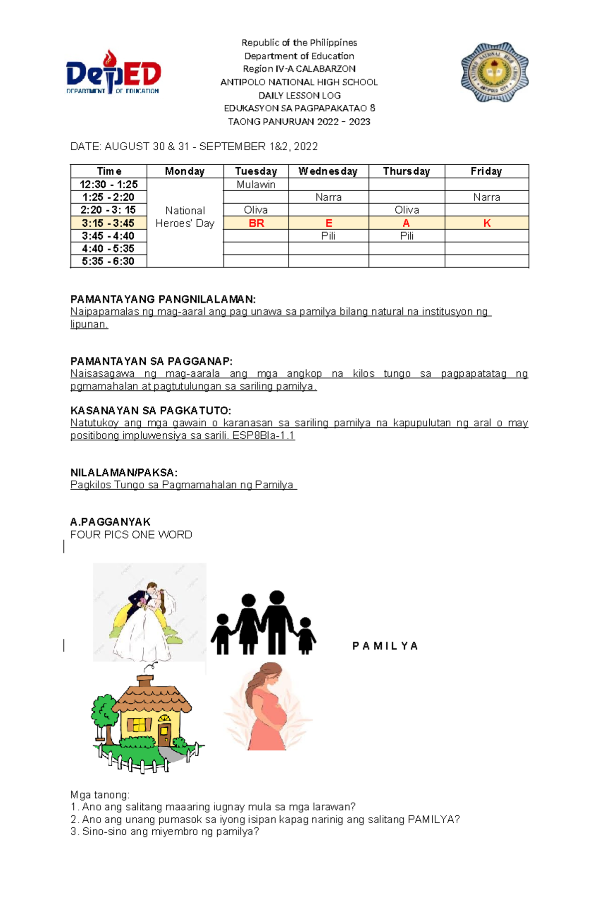 Daily Lesson Log - Republic of the Philippines Department of Education ...