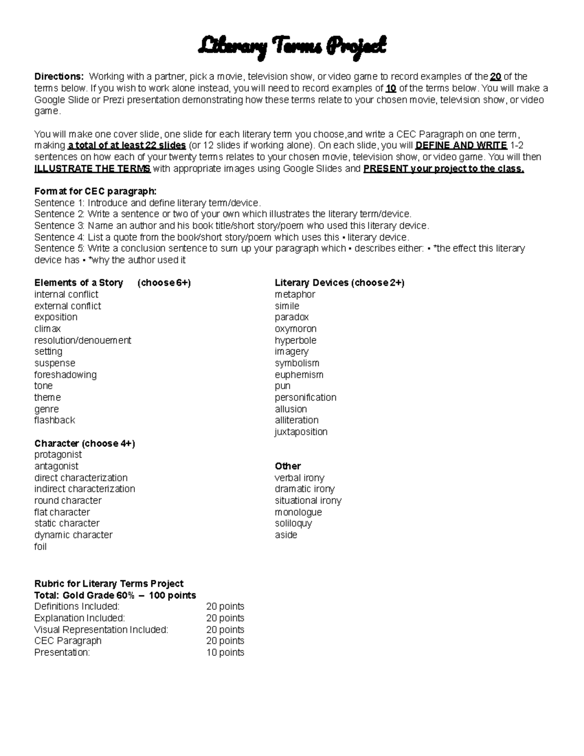 Watson+Literary+Terms+Project+2023 - Literar Term Projec Directions: Working with a partner ...