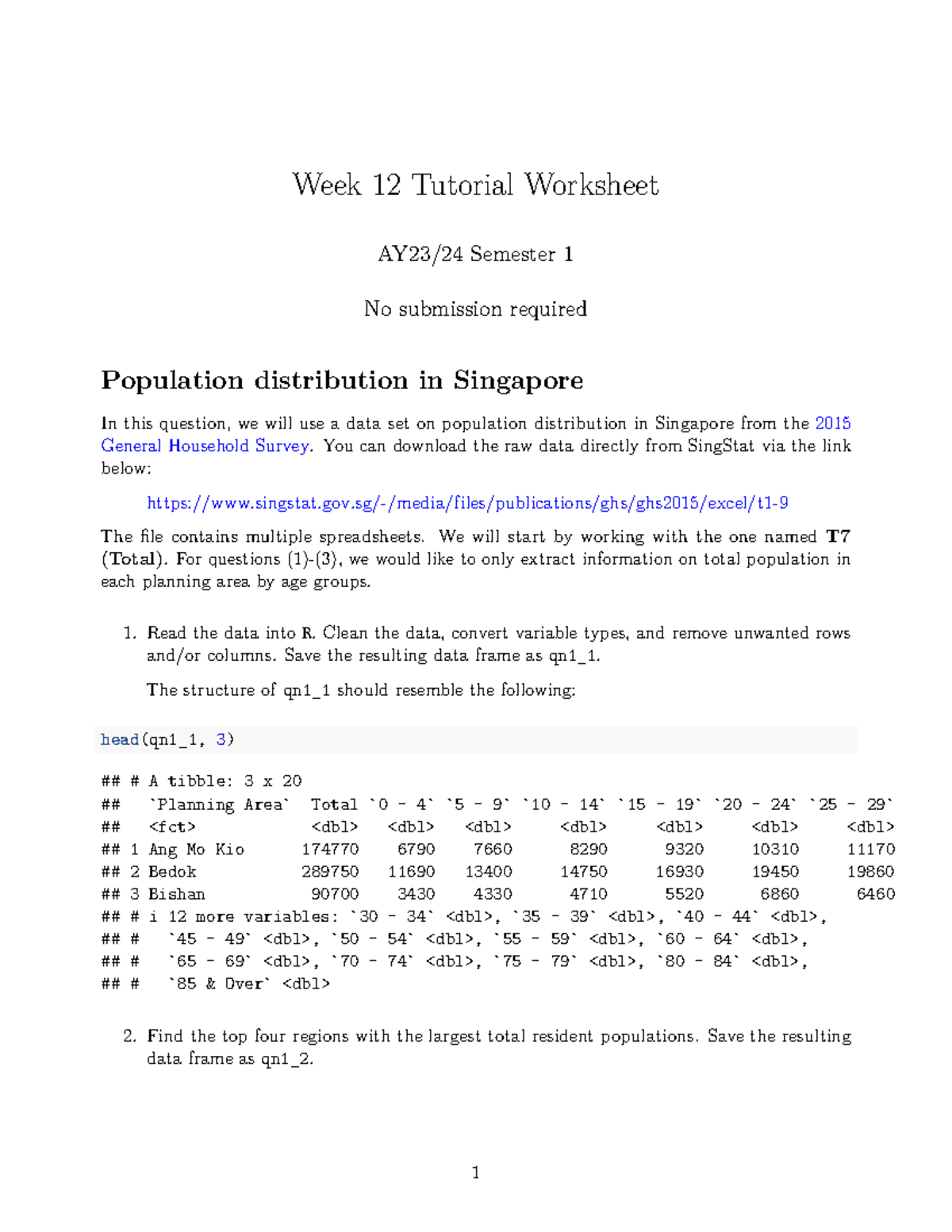 Tutorial worksheet wk12 - Week 12 Tutorial Worksheet AY23/24 Semester 1 No submission required ...