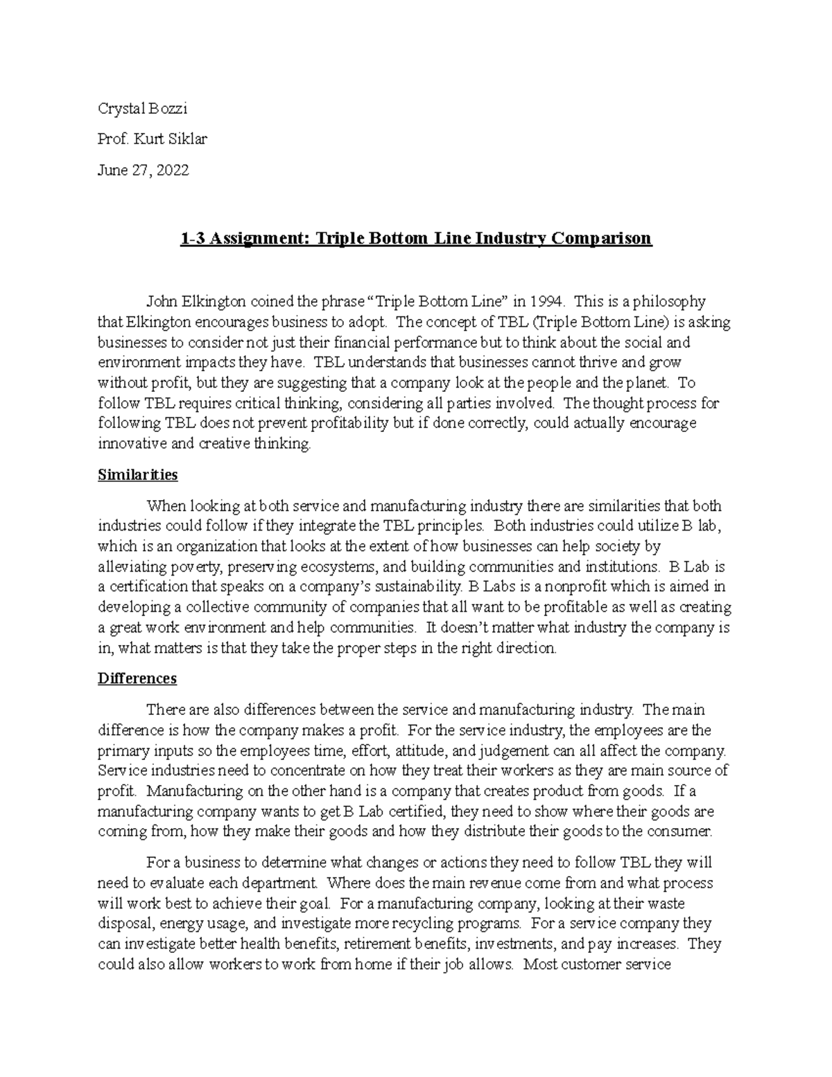 1-3 Assignment- Triple Bottom Line Industry Comparison - QSO 321 ...