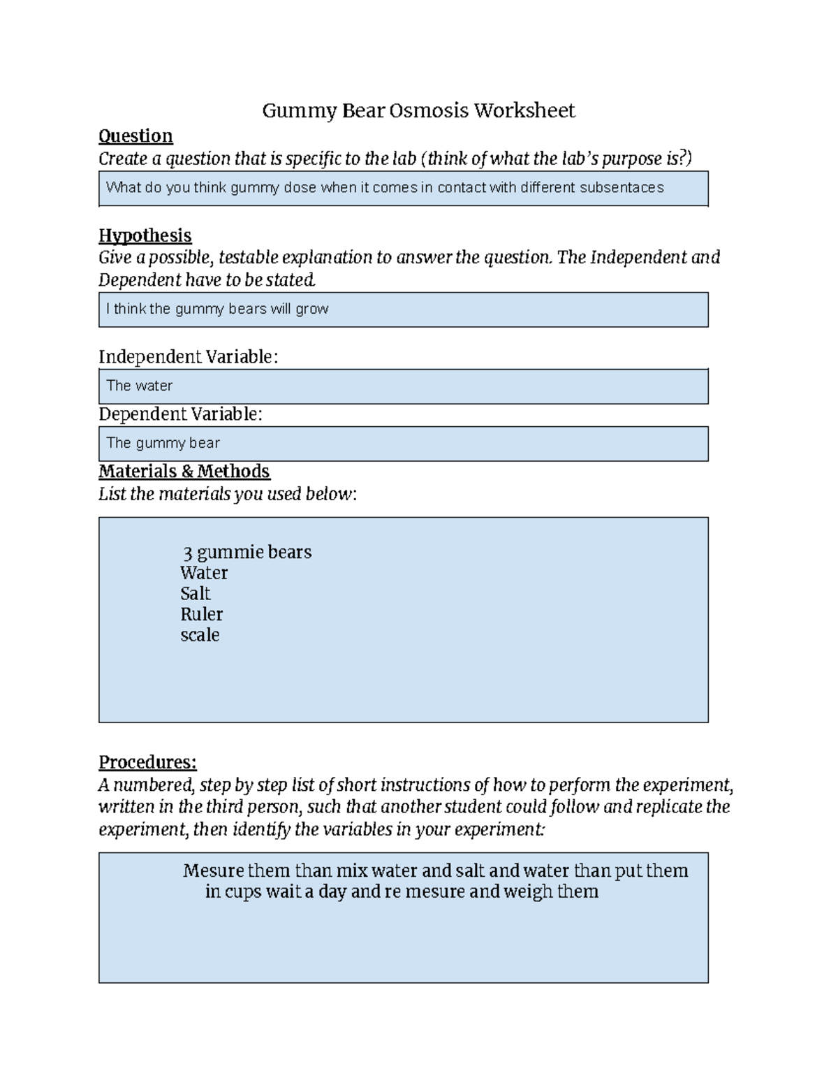 Untitled document (13) - Gummy Bear Osmosis Worksheet Question Create a ...