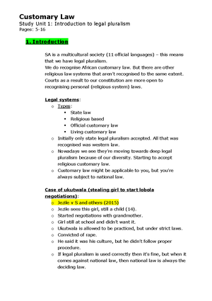 Customary Law Notes - Customary Law 171 Theory M Burger 1 STUDY UNIT 1 ...