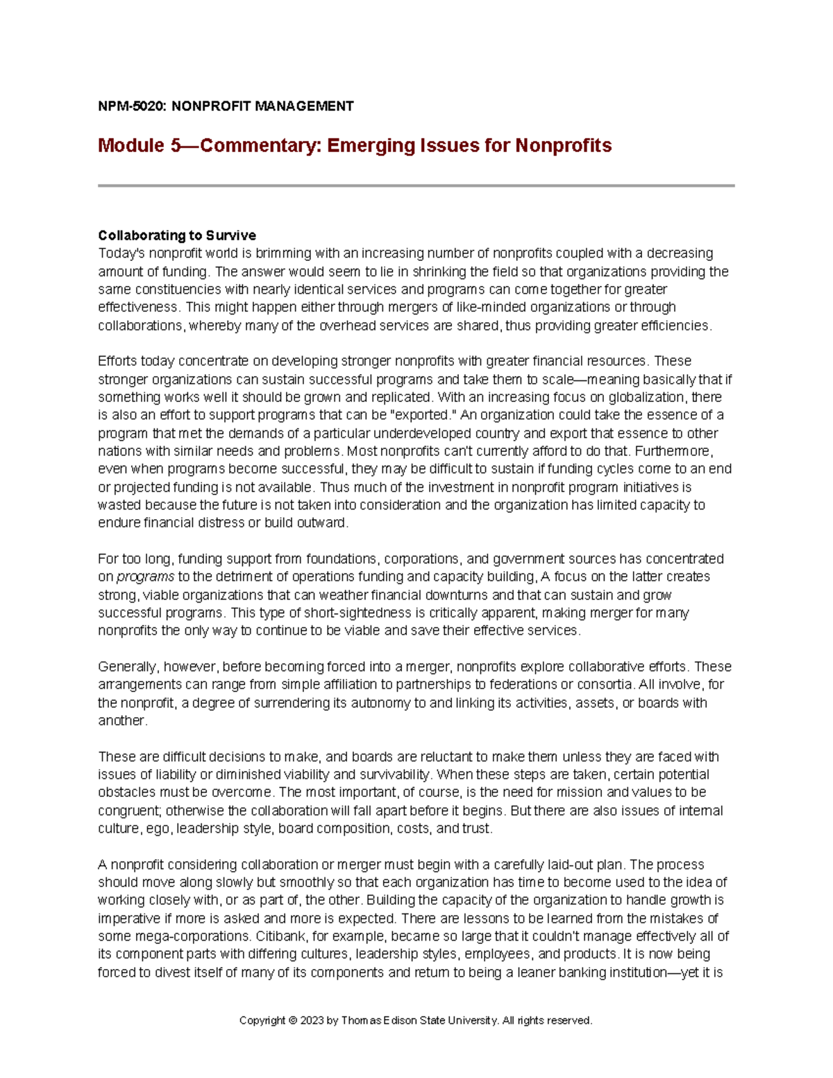 Module 5 commentary NPM-5020-jul23 - NPM-5020: NONPROFIT MANAGEMENT ...