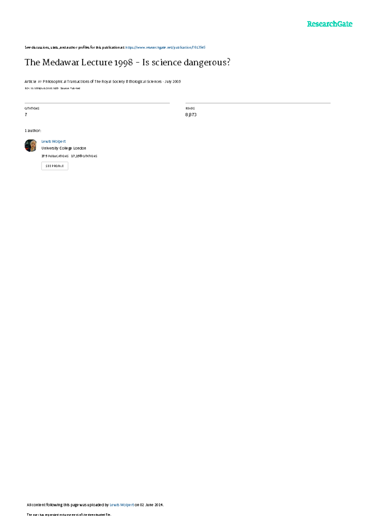 The Medawar Lecture 1998 - Is science dangerous - See discussions ...