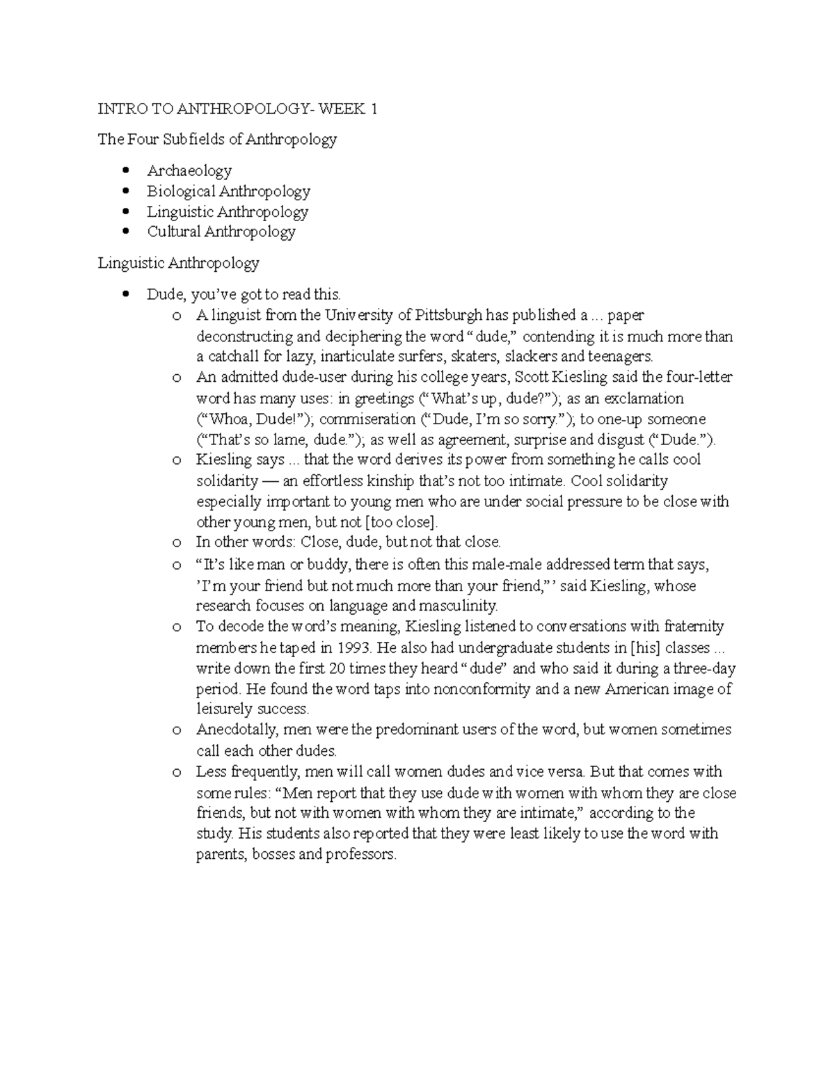 Anthro Notes WEEK 1 - INTRO TO ANTHROPOLOGY- WEEK 1 The Four Subfields ...
