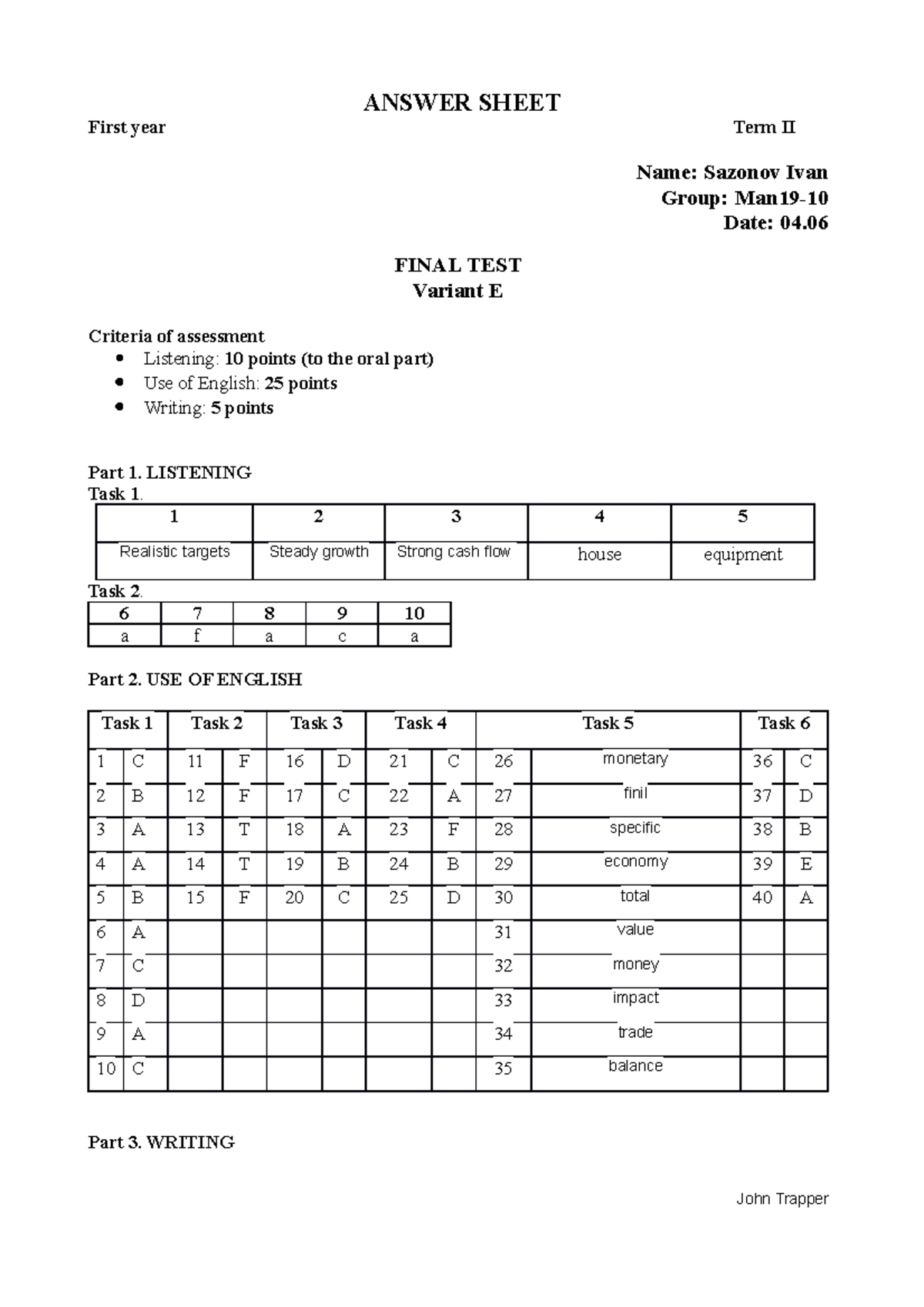 Answer Sheet Final test 1 year 2020 - ANSWER SHEET First year Term II ...