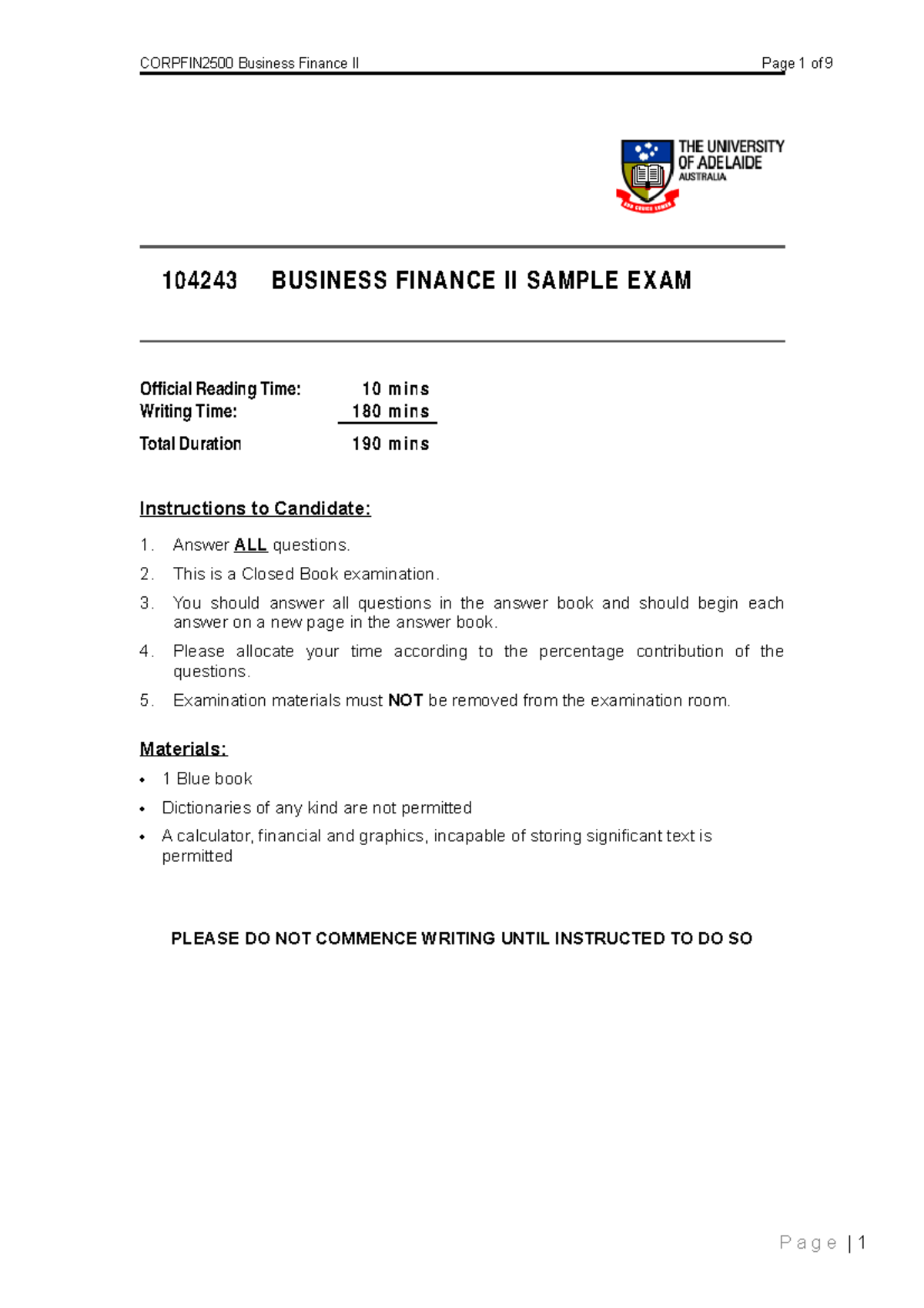 Sample/practice exam 2015, questions - 104243 BUSINESS FINANCE II ...
