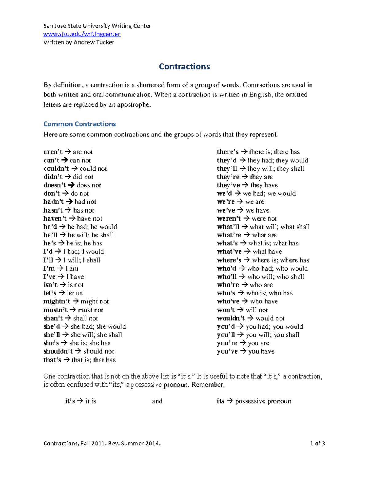 Contractions - San José State University Writing Center sjsu ...
