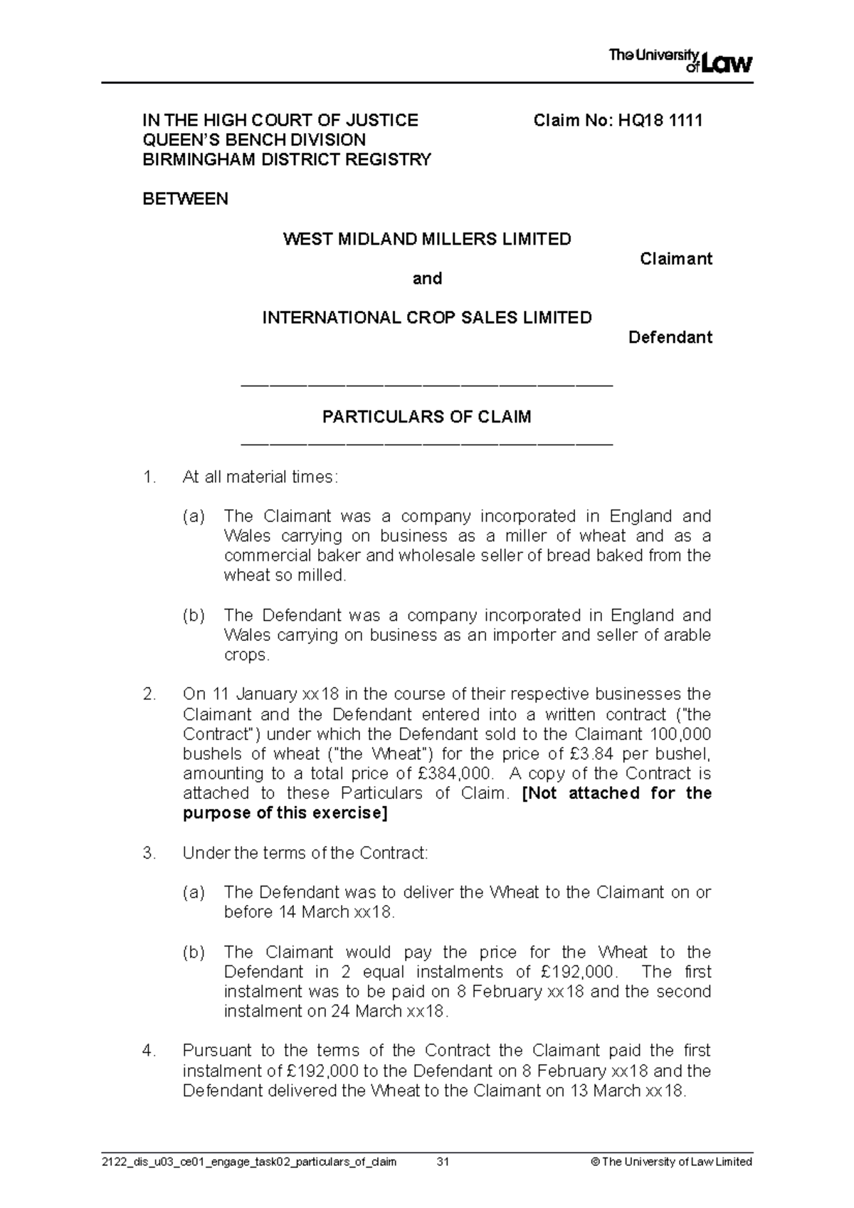 Dispute Resolution Unit 3 Particulars of Claim example - IN THE HIGH ...