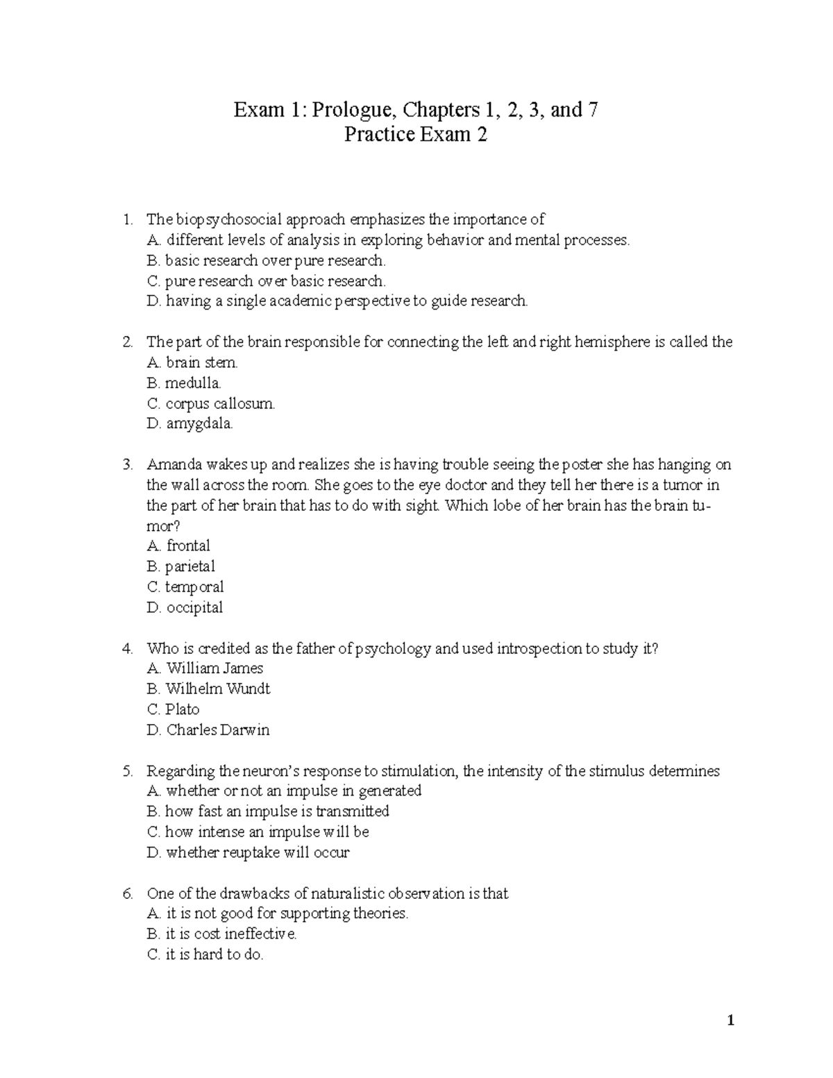 Exam 1 Psychology 1305 - Exam 1: Prologue, Chapters 1, 2, 3, and 7 ...