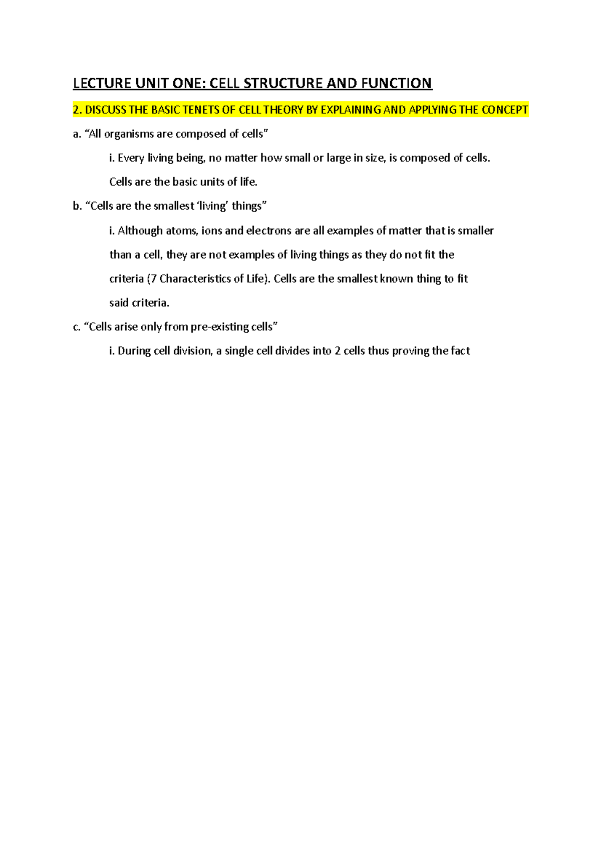 MLB 111 Unit 1 Study Outcomes - LECTURE UNIT ONE: CELL STRUCTURE AND ...