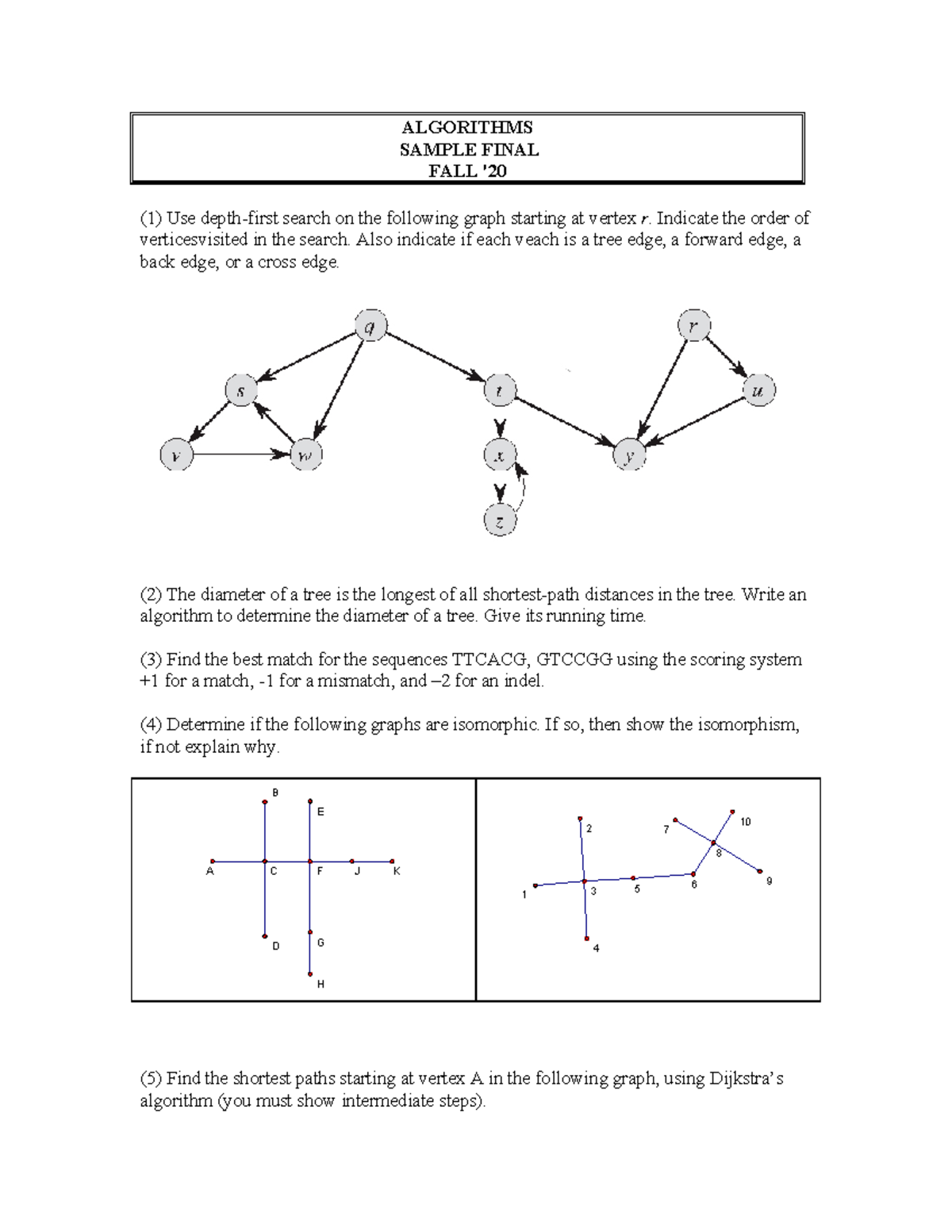 Algo Samp Fin Homework Algorithms Sample Final Fall 1 Use Depth