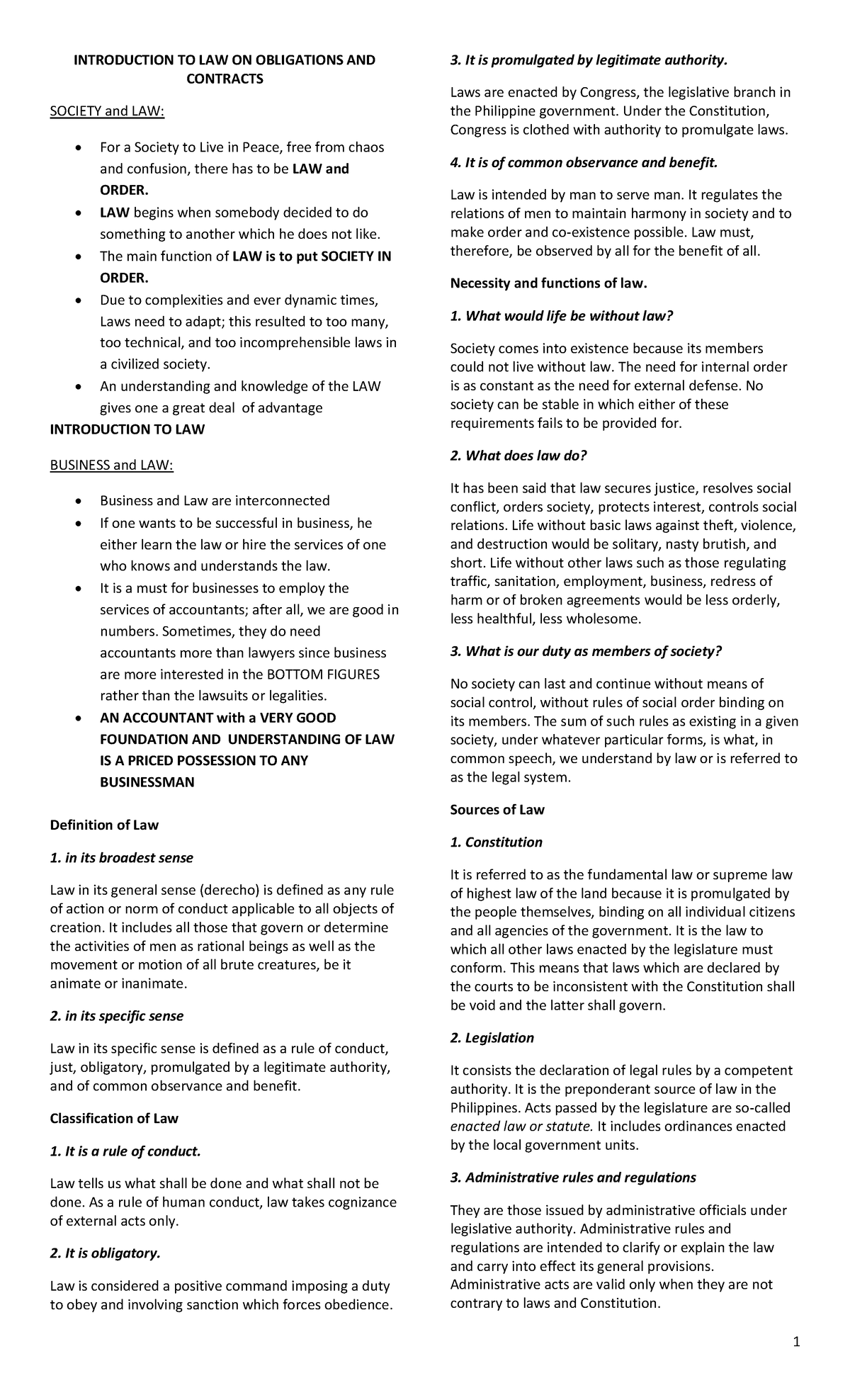 Oblicon notes - INTRODUCTION TO LAW ON OBLIGATIONS AND CONTRACTS ...