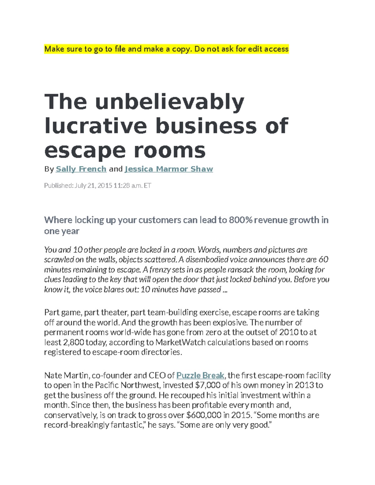 Escape room article - English 2 CP S1.1 22-23 Walthers done all ...