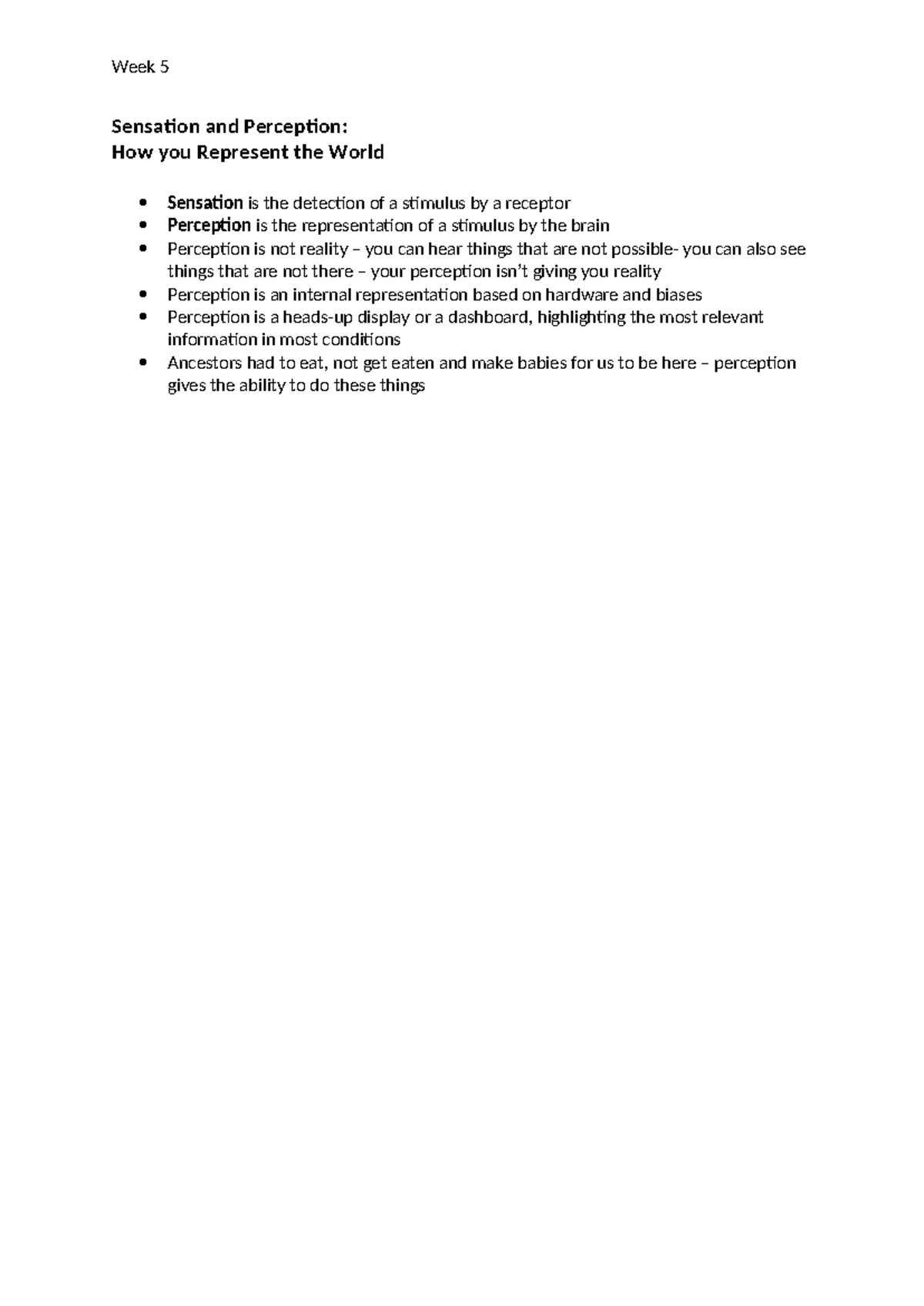 Sensation and Perception - Week 5 - Psychology - Sensation and ...