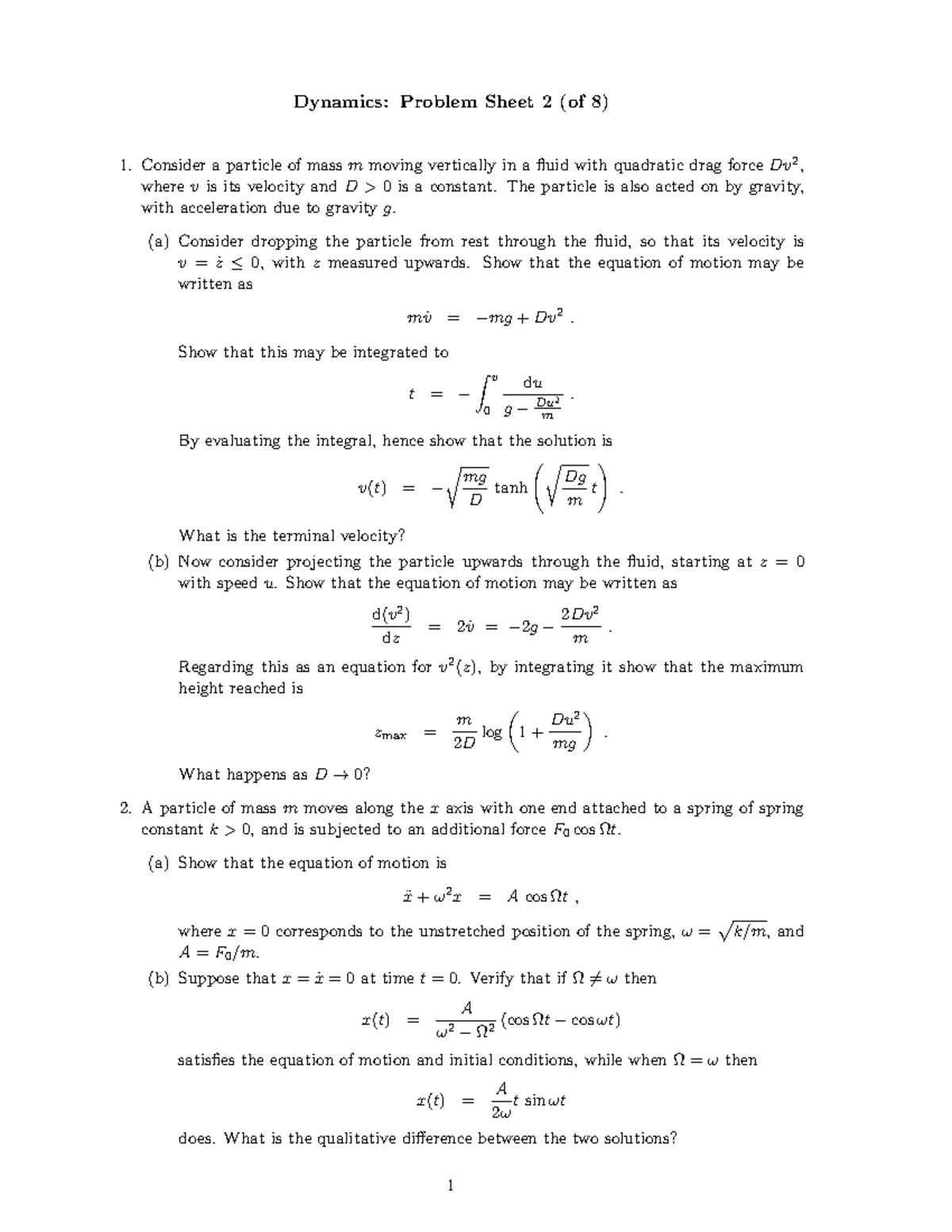 Dynamicsproblems 2 Dynamics Problem Sheet 2 Of 8 Dynamics