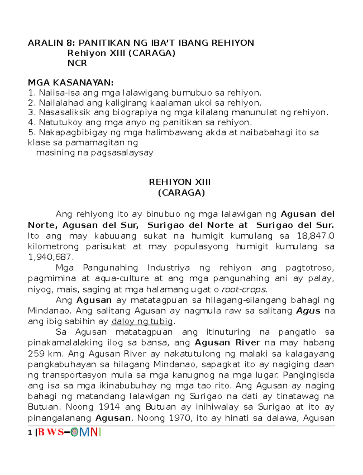 Module 8 - ARALIN 8: PANITIKAN NG IBA’T IBANG REHIYON Rehiyon XIII (CARAGA) NCR MGA KASANAYAN ...