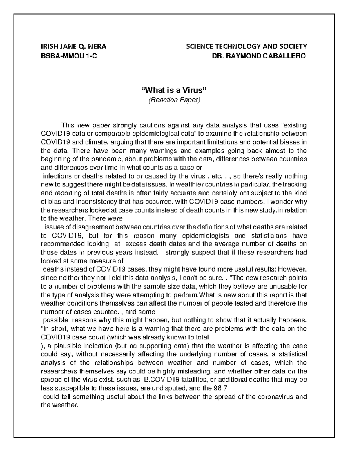 NERA Irish JANE Q. what is a virus - IRISH JANE Q. NERA SCIENCE TECHNOLOGY AND SOCIETY BSBA-MMOU ...