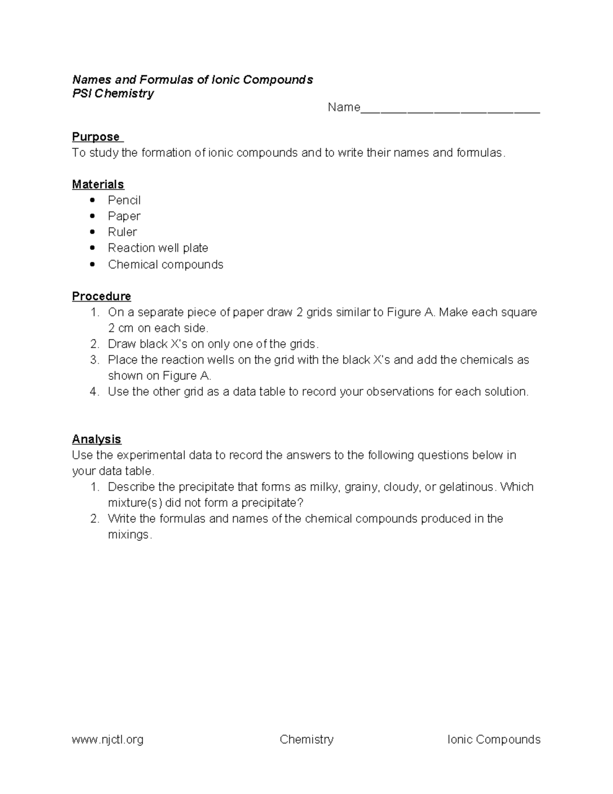 Chemical Names and Formulas Lab - Names and Formulas of Ionic Compounds ...