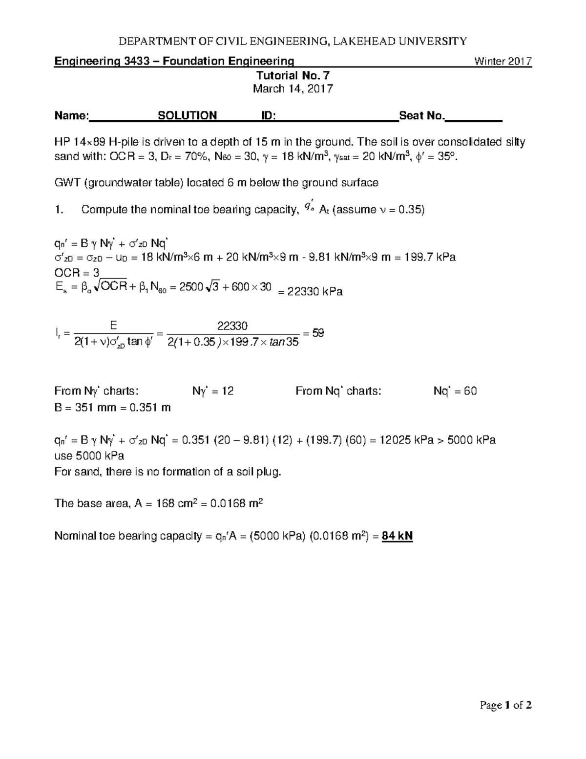 Tutorial No. 7 Solution - DEPARTMENT OF CIVIL ENGINEERING, LAKEHEAD ...