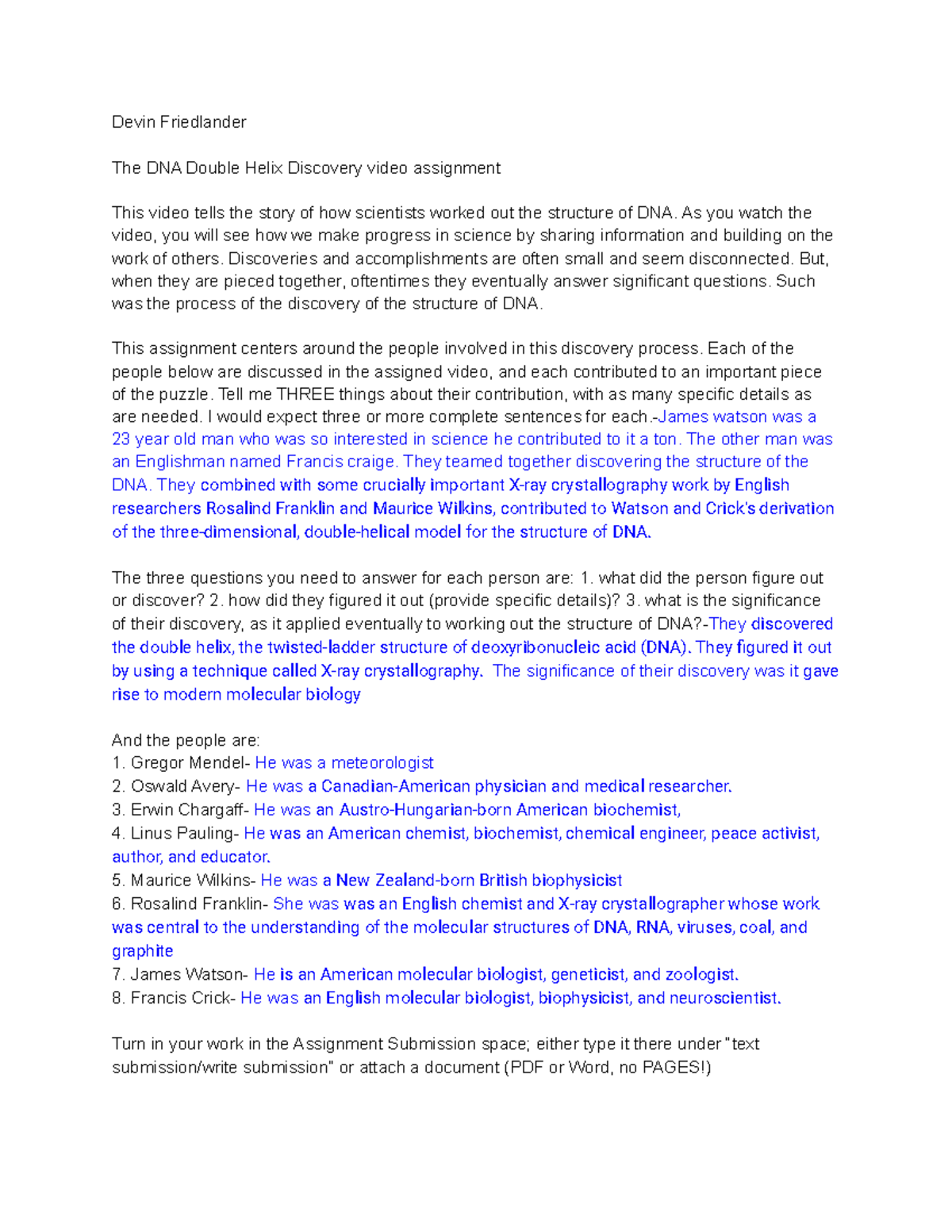The DNA Double Helix Discovery video assignment - Devin Friedlander The ...